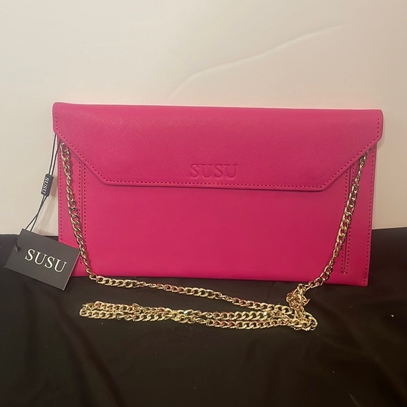 SUSU | Bags | Susu Hot Pink Bond Saffiano Leather Envelope Clutch ...
